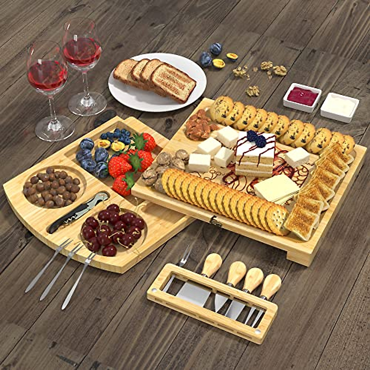 Cheese Board Charcuterie Board Set - Swiveling Wine Meat Cheese Platter Bamboo Cheese Server with Knives, Forks, Wine Opener, Ceramic Bowls for Gathering Party - Warming Gift for Women Friend