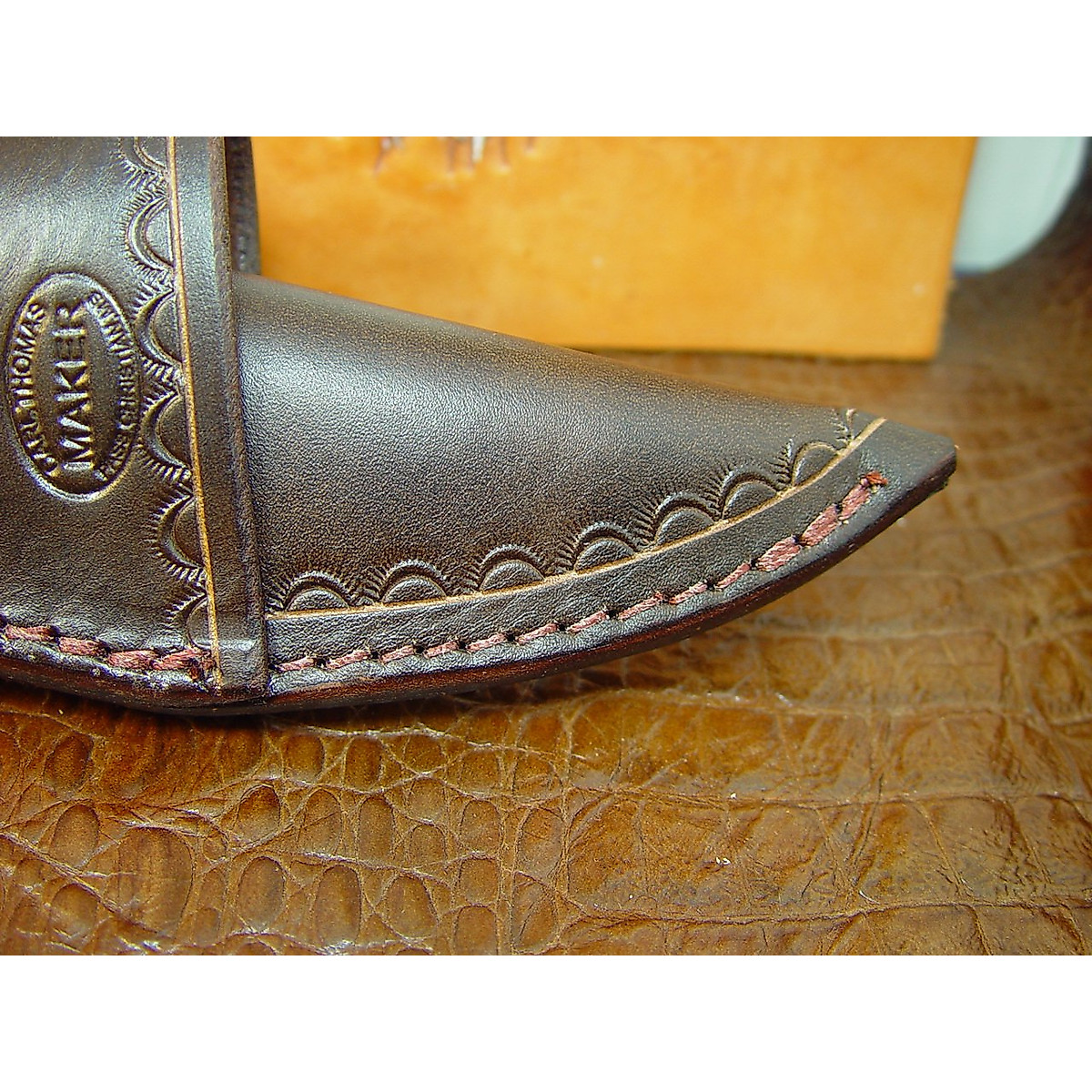 Custom Leather Knife Sheath for a Buck 692 Vanguard or Zipper. Tooled & Dyed Brown_AB