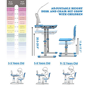 BELANITAS Kids Desk and Chair Set 10-12 Years Old Height Adjustable School Desk,Ergonomic Student Table for Kids with Tilt-able Desktop,Kids Study Desk for Go Back School Gift Blue