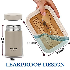 Mr.Dakai Bento Box for Kids Adults Lunch Box Containers & Leak-proof Insulated Hot Thermoses Food Jar Soup Container - BPA-Free Salad Snack Boxes with Spoon Fork/Bag, Microwave Safe, Khaki