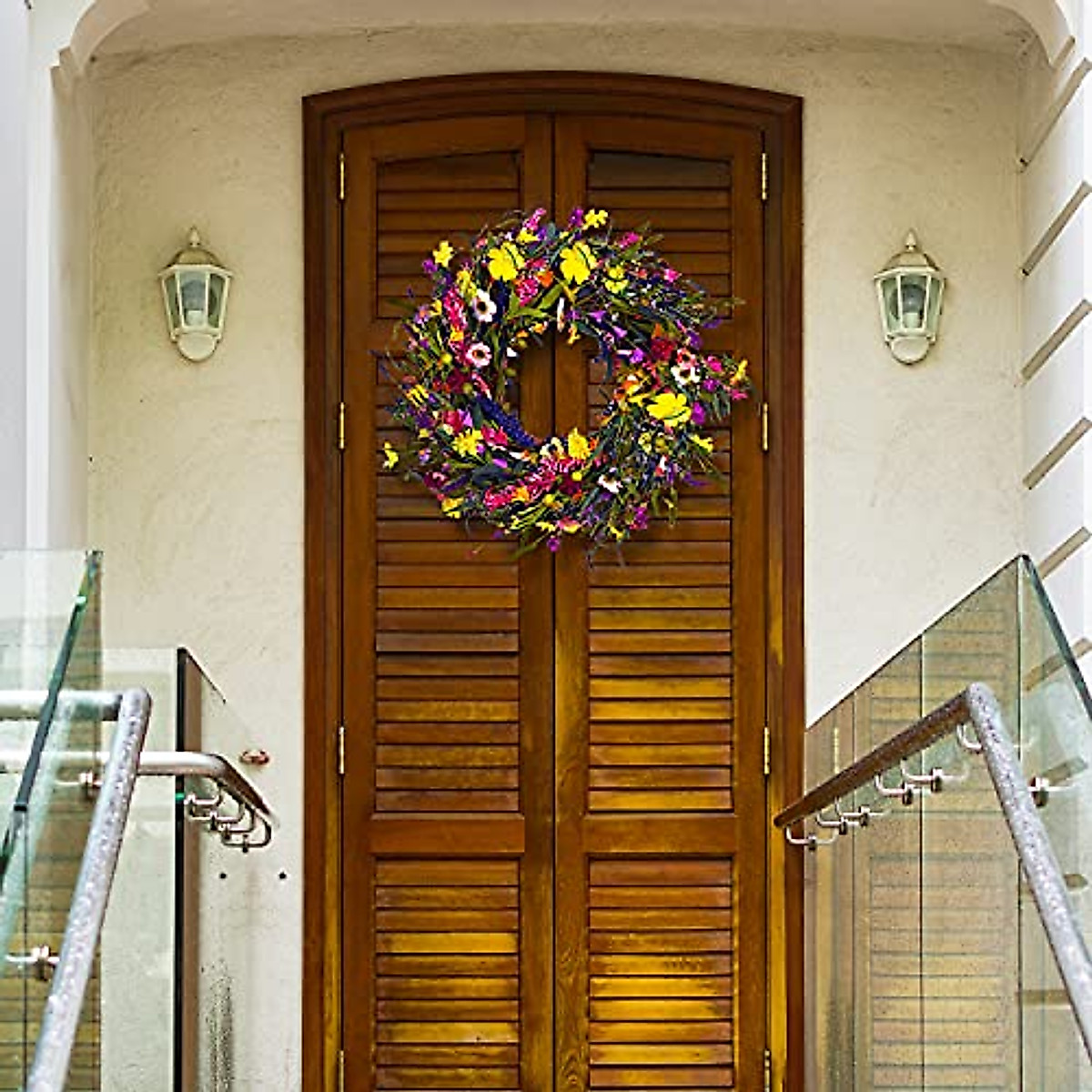 Sggvecsy Daisy and Lavender Wreath 22’’ Wildflower Spring Summer Artificial Silk Wreath for Front Door Home Wall Wedding Festival Farmhouse Holiday Decor