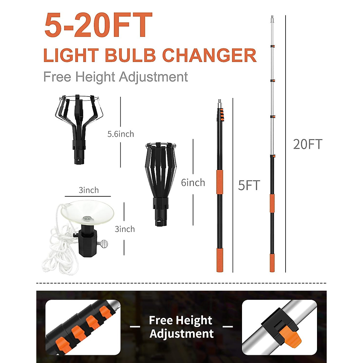Buyplus 26FT Reach Light Bulb Changer for High Ceilings with 5-20FT Telescopic Extension Pole, Easy Flip-Tab Lock Bulb Changing Pole Extension with Basket and Suction Cup for Recessed Lights