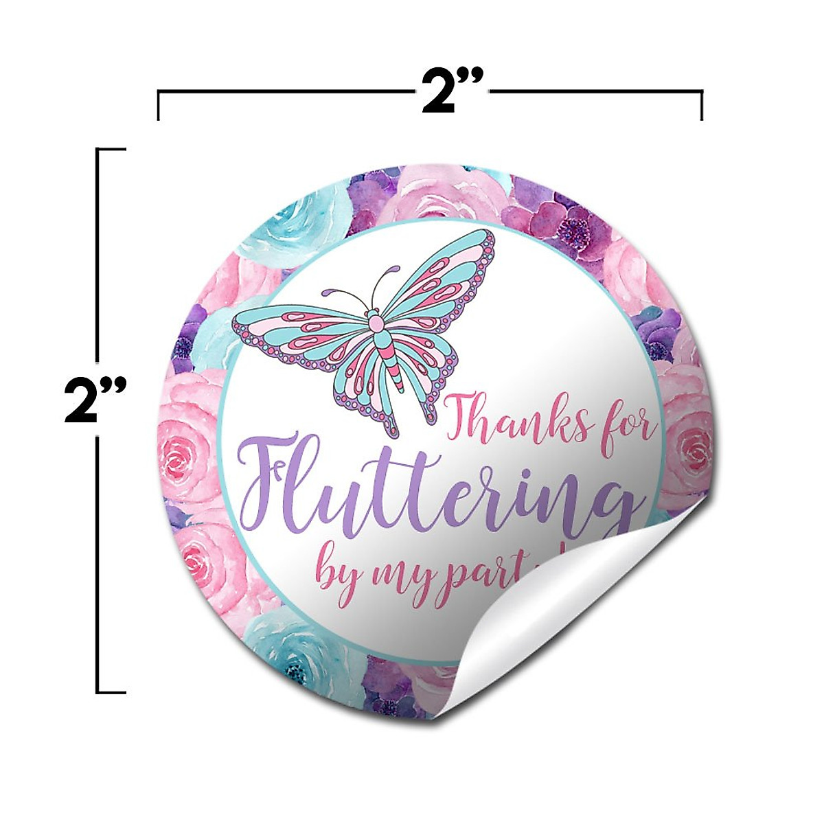 Floral Watercolor Butterfly Thank You Sticker Labels, 40 2" Party Circle Stickers by AmandaCreation, Great for Party Favors, Envelope Seals & Goodie Bags