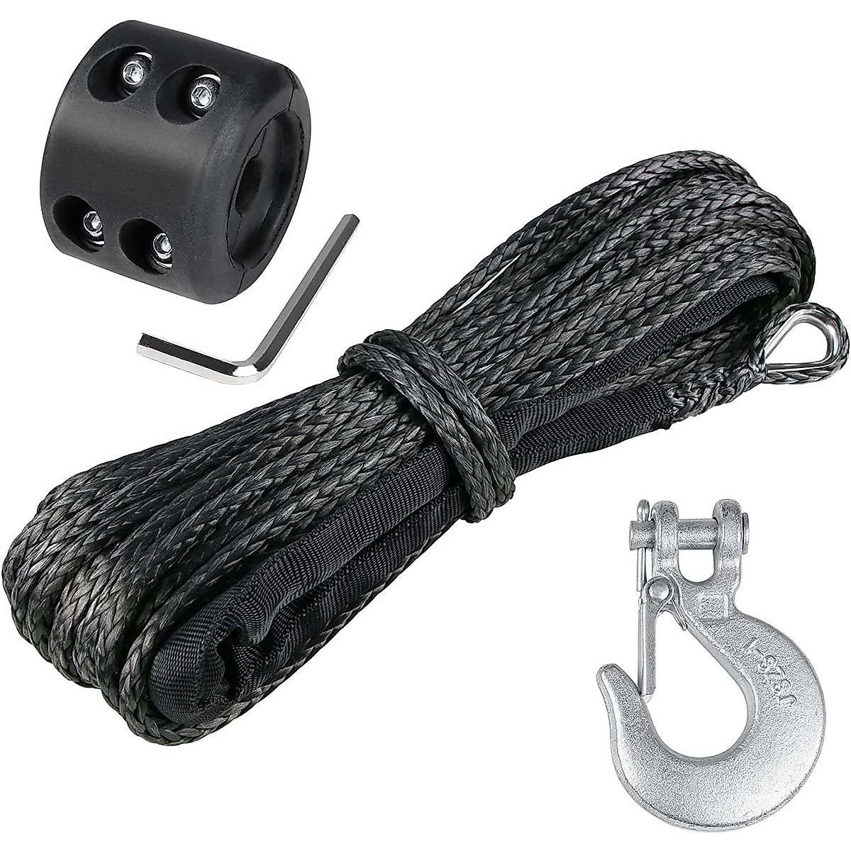 WROUGH 1/4" Synthetic Winch Rope 50 Ft Black Heavy Duty 10000 lb ATV Winch Rope Line with Steel Hook Rubber Stopper Protecting Sleeve/Sheath and Thimble Universal Fit for ATV SUV Vehicle Winch Rope