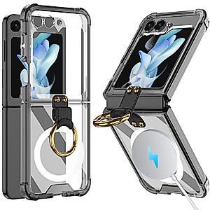 NINKI Compatible Samsung Galaxy Z Flip 5 Case with Ring,(Clear+Black) Samsung Flip 5 Case Magnetic Wireless Charging Heavy Duty Slim Shockproof Protective Phone Case for Galaxy Z Flip 5 5G Cases Clear