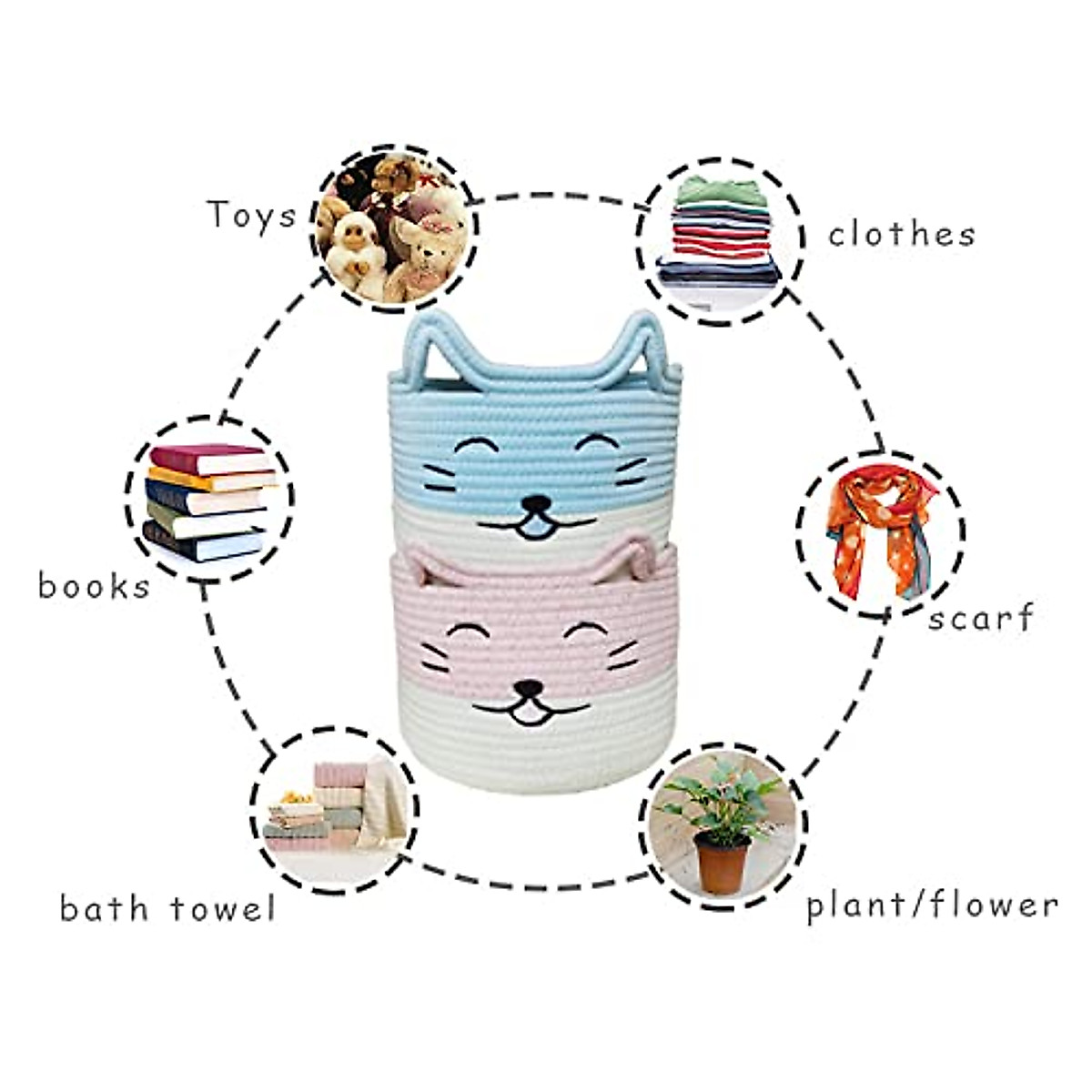 Small Woven Cotton Rope Storage Basket,2 Pack Cute Cat Cotton Rope Baskets with Handle,Baby Nursery Organizer for Toy Storage Bin | Pet Gift Basket for Cat,Dog,10 x 10 x 7 Inch