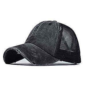 Eohak Distressed Ponytail Hats Baseball for Women Messy-Bun Pony Caps (Black)