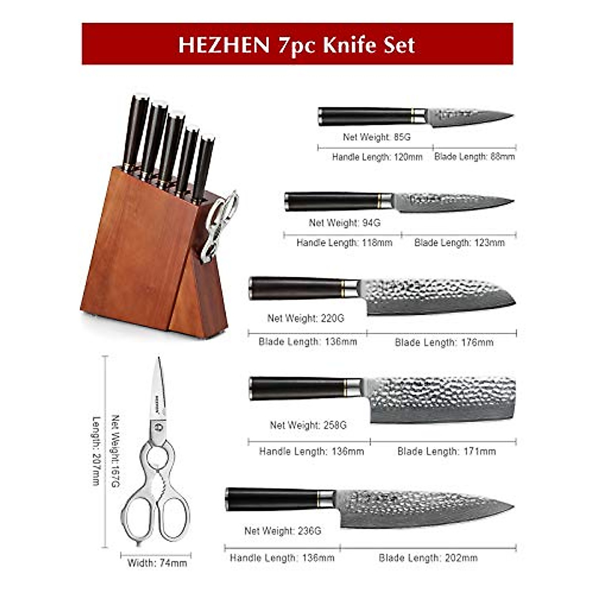 HEZHEN Damascus Steel 7pcs Kitchen Knives Block Set, Multifunctional Kitchen Shears, Professional forging Chef Knife Santoku Nakiri Utility Fruit, Ergonomic Ebony Handle -Classic Series