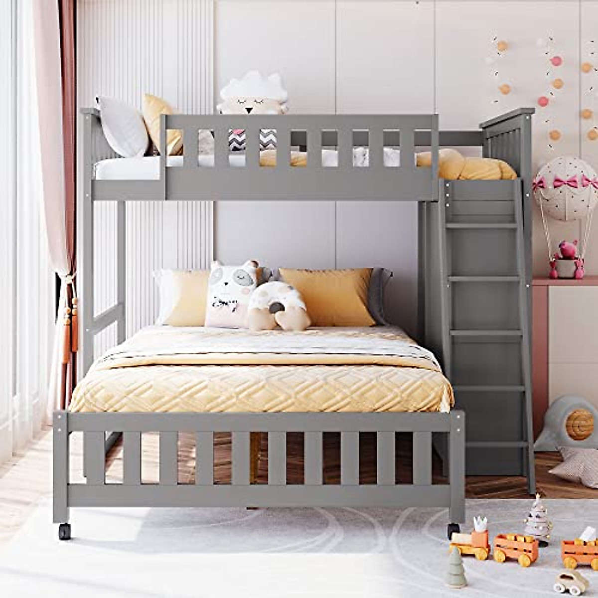 Twin Over Full Bunk Beds with Storage, Wooden L-Shape Bunk Bed Frame with 6 Drawers and Flexible Shelves, Bottom Platform Bed with Wheels can Movable, No Box Spring Needed (Grey)