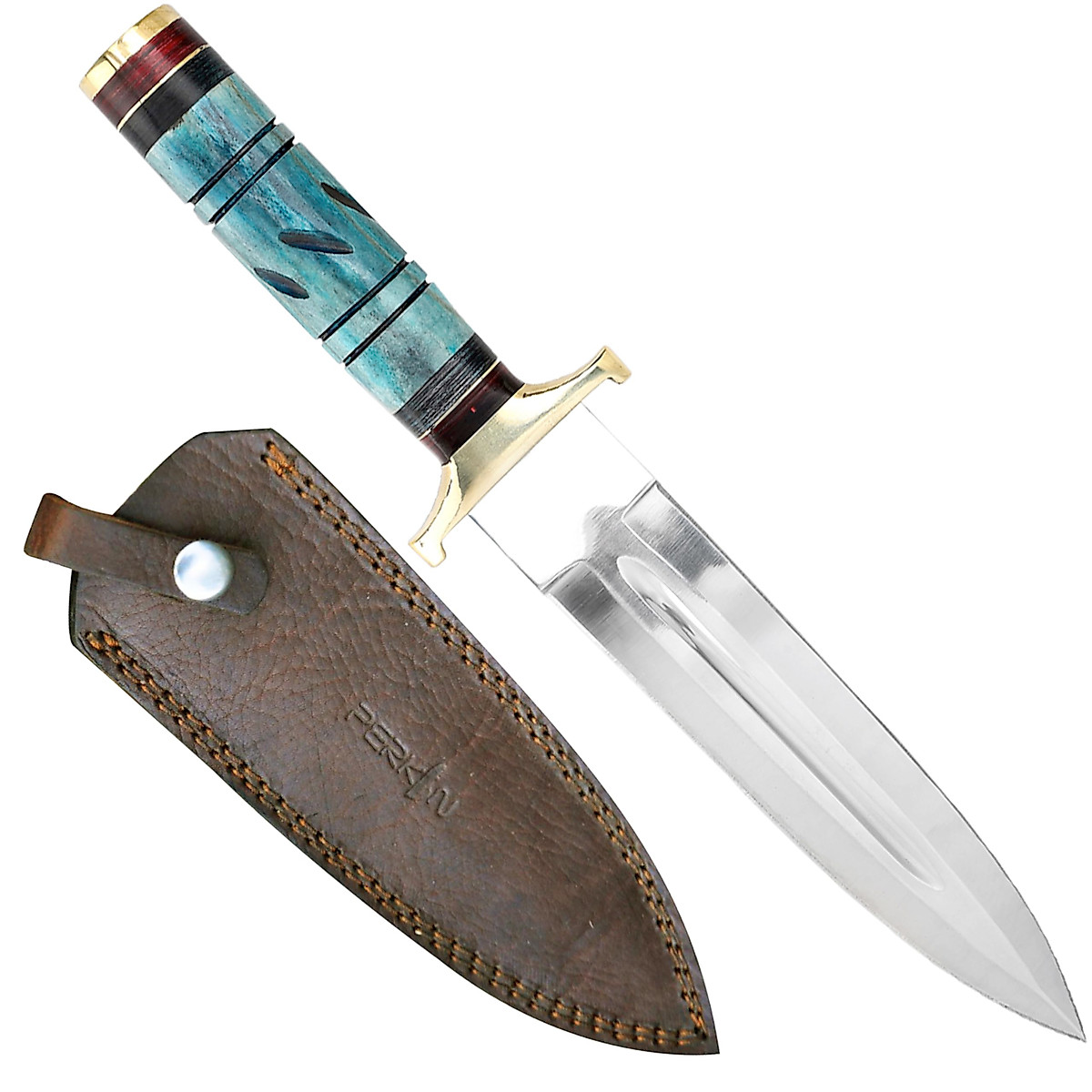 Perkin Hunting Knife - 13” Double Edge Knife - Handmade Knife With Leather Sheath - 440C Razor Sharp Steel Spear Point Blade with Colored Bone Handle for Camping, Tactical, and Survival