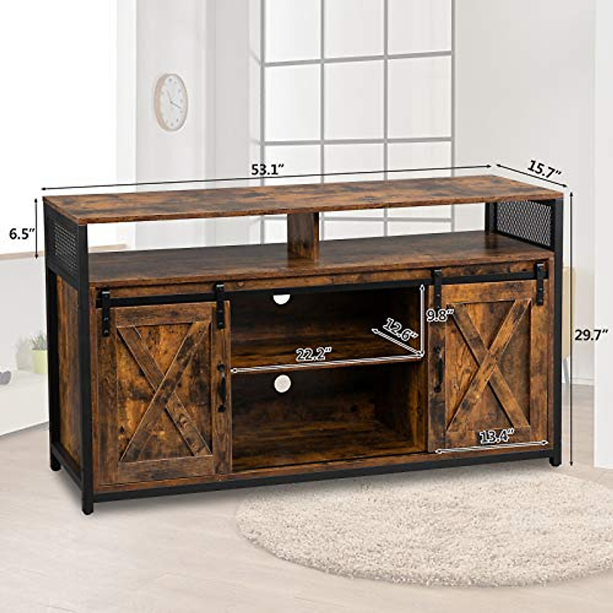 VINGLI Farmhouse TV Stand with Sliding Barn Doors for 65+ Inch TV Flat Screen, Rustic Entertainment Center Media Console Table Cabinet w/Adjustable Shelves (Rustic Brown)