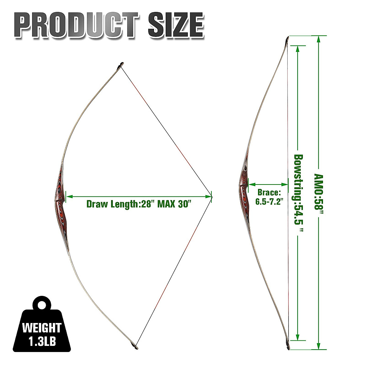 KAINOKAI 58" Laminated Recurve Bow,Amercian Hunting Bow Archery Bow 20-60lbs (35LBS, Right Hand)