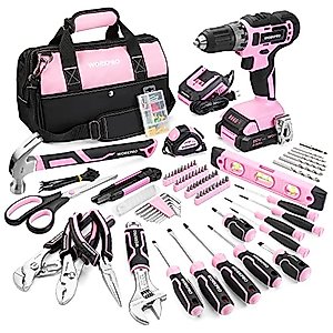 WORKPRO Pink Home Tool Kit with Drill, 157PCS Pink Tool Set with 20V Cordless Lithium-ion Drill Gun, Basic Drill Sets Combo Kit with Wide Mouth Open Tool Bag