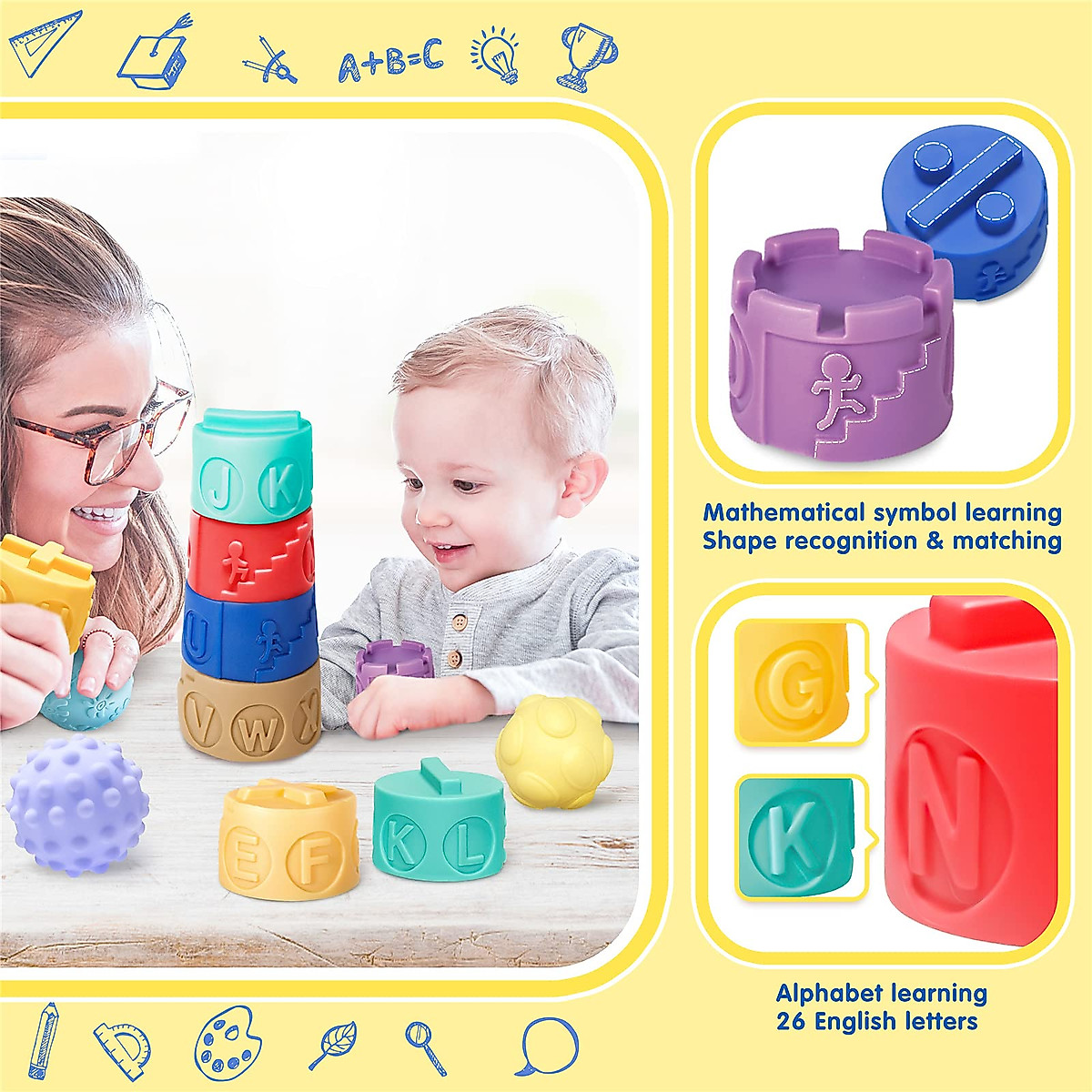 AUYYOSK 10 Pcs Baby Soft Stacking Building Blocks & Sensory Ball Infant Toys, Montessori Toys for Toddler Educational Squeeze Balls for Boys & Girls Babies Ages 6 9 12 Months 1 2 Years Old