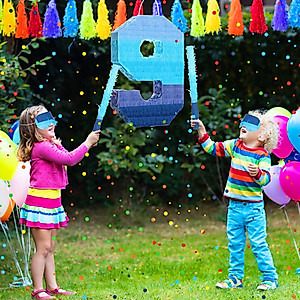 Number 1 2 3 4 5 6 7 8 9 Piñata with Stick Blindfold Confetti, Gradient Blue Piñata for Kids Birthday Party Large Blue Piñata for Boys Girls Birthday Anniversary Decoration Supplies(Number 9)