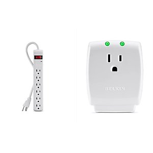 Belkin 6-Outlet Power Strip Surge Protector with 3-Foot Power Cord, 300 Joules (F5C047),White & 1-Outlet Home Series SurgeCube - & Protected Light Indicators for Home White, 1080 Joules