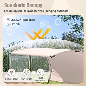 Tangkula 2 Person Lounge Chair with Canopy, Outdoor Chaise Lounge with 2 Detachable Pillows, UPF50+ Extra Large Double Patio Hammock Sunbed Chair with 2 Wheels for Backyard, Poolside