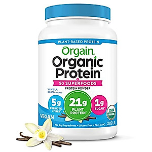 Orgain Organic Protein + Superfoods Powder, Vanilla Bean - 21g of Protein, Vegan, Plant Based, 5g of Fiber, No Dairy, Gluten, Soy or Added Sugar, Non-GMO, 2.02lb