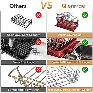 Qienrrae Large Dish Drying Rack with Drainboard Set, Stainless Steel Dish Rack with Drainage, Wine Glass Holder, Utensil Holder and Extra Dryer Mat, 2 Tier Dishes Rack for Kitchen Counter, Red