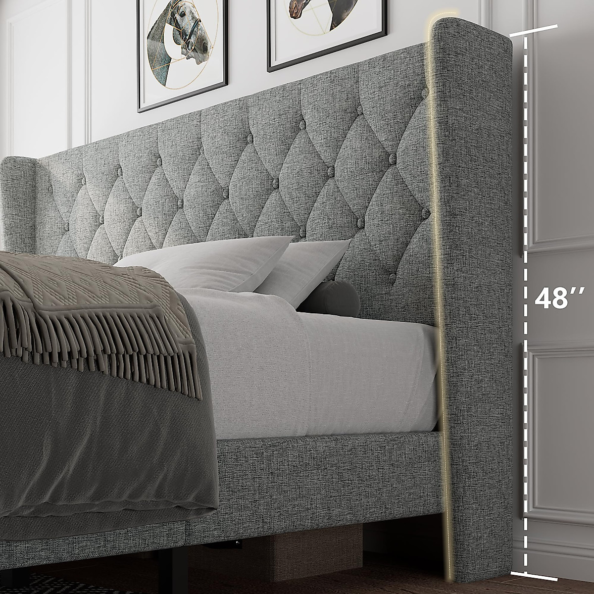 iPormis King Size Bed Frame with Upholstered Wingback, Platform Bed Frame with Diamond Button Tufted Headboard, 8" Under-Bed Space, Sturdy Wooden Slats, Noise-Free, No Box Spring Needed, Light Grey