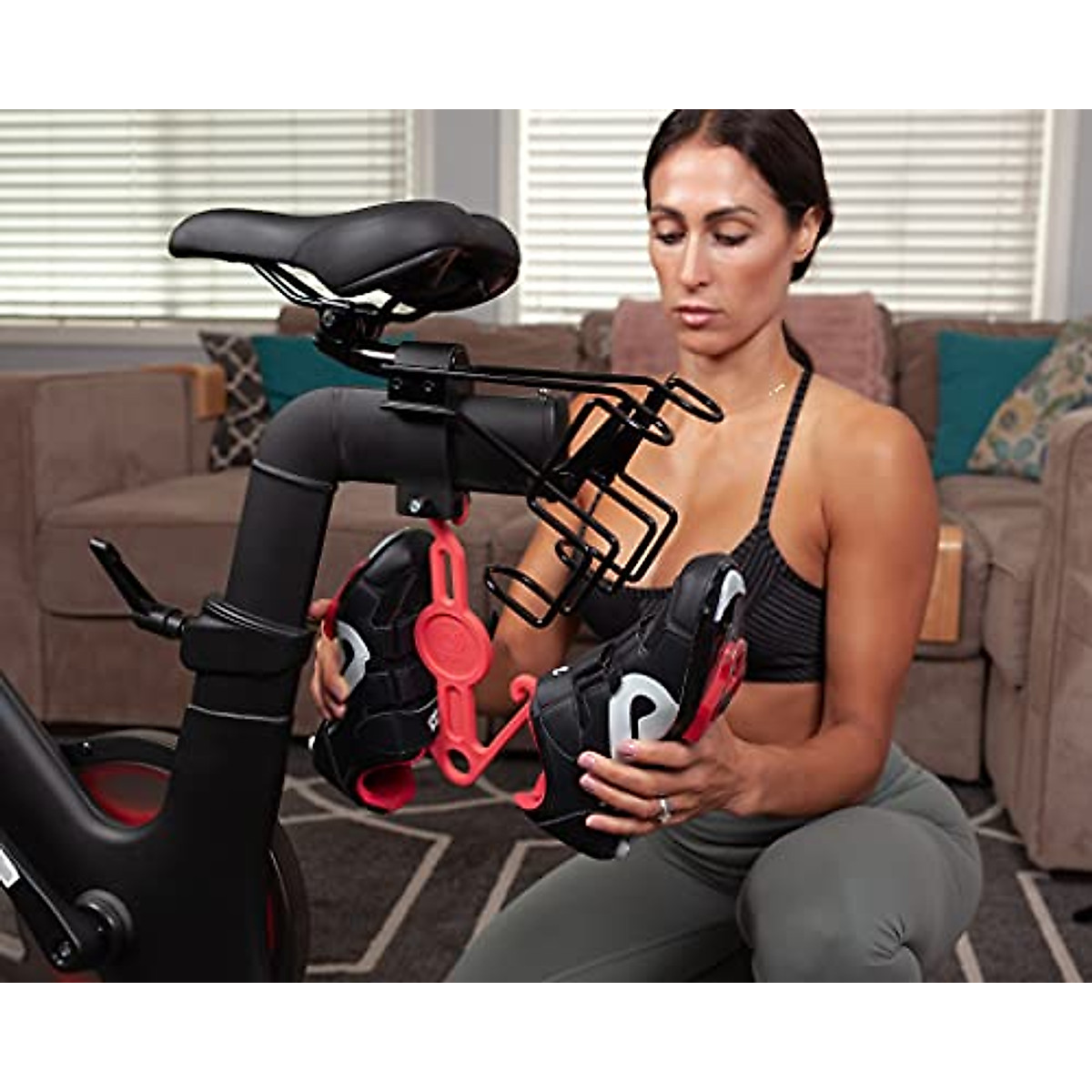 Shoe Hanging Hooks - Space-Saving Hanging Storage for Peloton Shoes, Sandals, Sneakers - Plastic Holder for Stationary Exercise Bikes - Organizer Hanger Cycling Accessories - Black