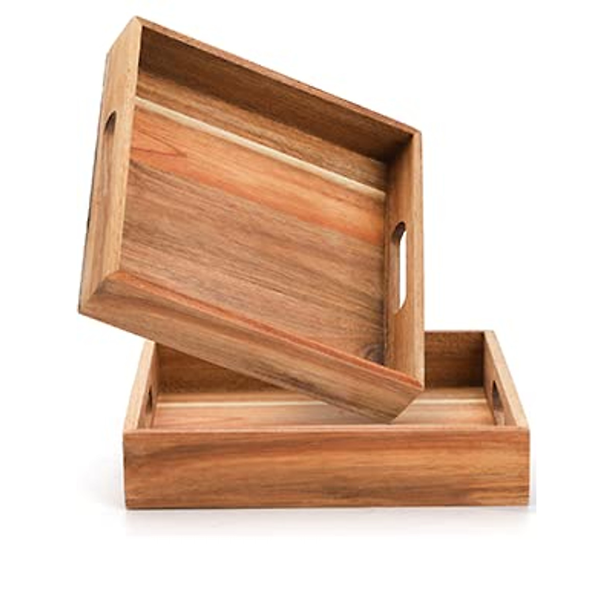 YOUEON Set of 2 Acacia Wood Serving Tray with Handles, 10x10x2 Inch Decorative Serving Trays, Ottoman Tray, Coffee Table Tray, Square Wood Tray for Food, Dinner, Coffee, Wine, Appetizer