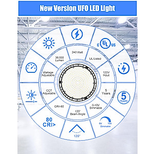 KUKUPPO 2 Pack 240W LED High Bay Light UL&DLC Listed, 36,000lm 240W/190W/140W, 3000K/4000K/5000K Adjustable LED UFO High Bay Shop Light Warehouse Light, 0-10V Dimmable, AC100-277V with Plug, Black