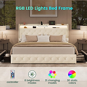LARMACE King Size Bed Frame with LED Lights & USB Charging Station, Velvet Upholstered Platform Bed with Storage Headboard and 4 Drawers, No Box Spring Needed, Easy Assembly, Beige