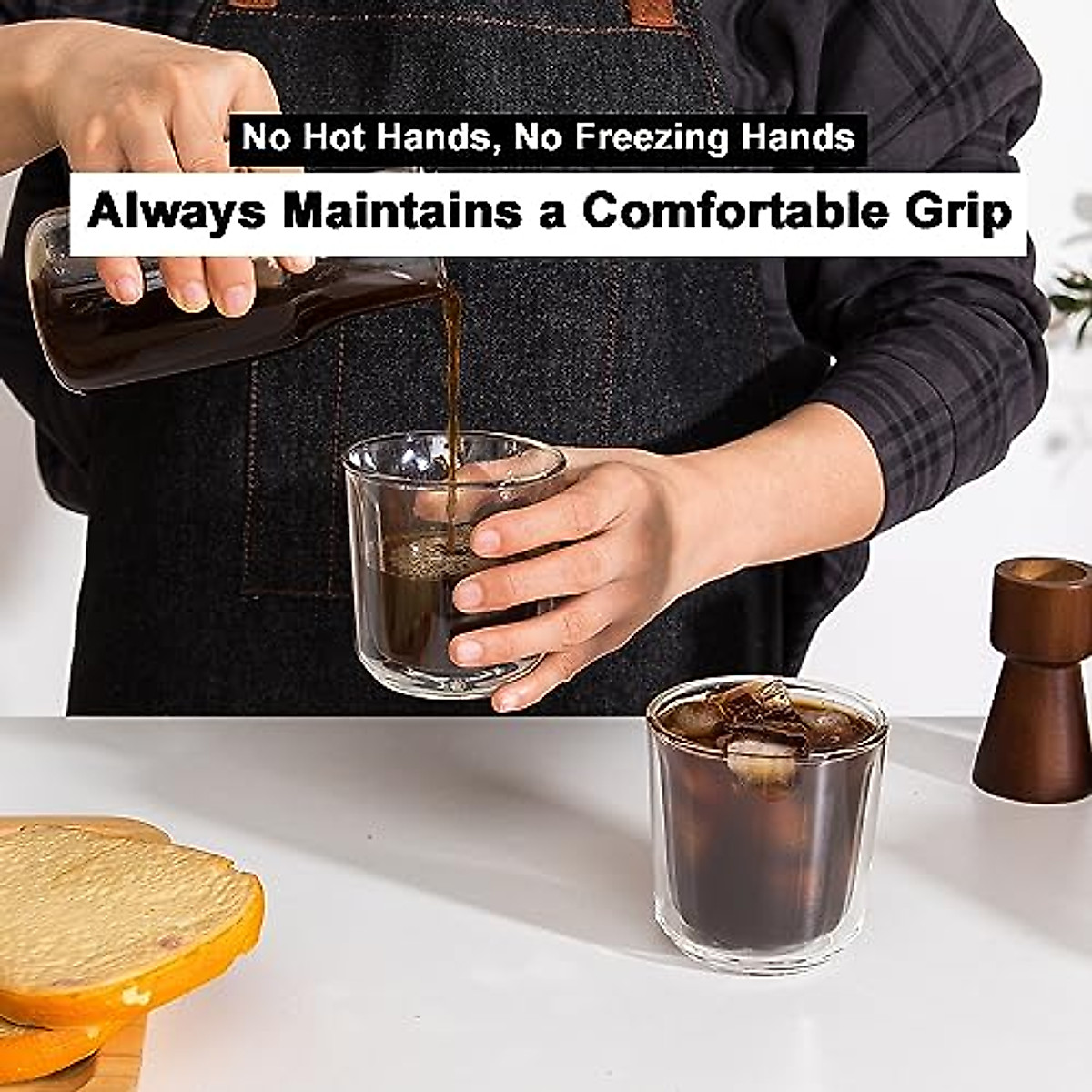 Aquach Double Wall Glass Espresso Cup 8 Oz Set of 2 - Insulated Clear Coffee Mug for Hot/Cold Drinks, Microwave Safe