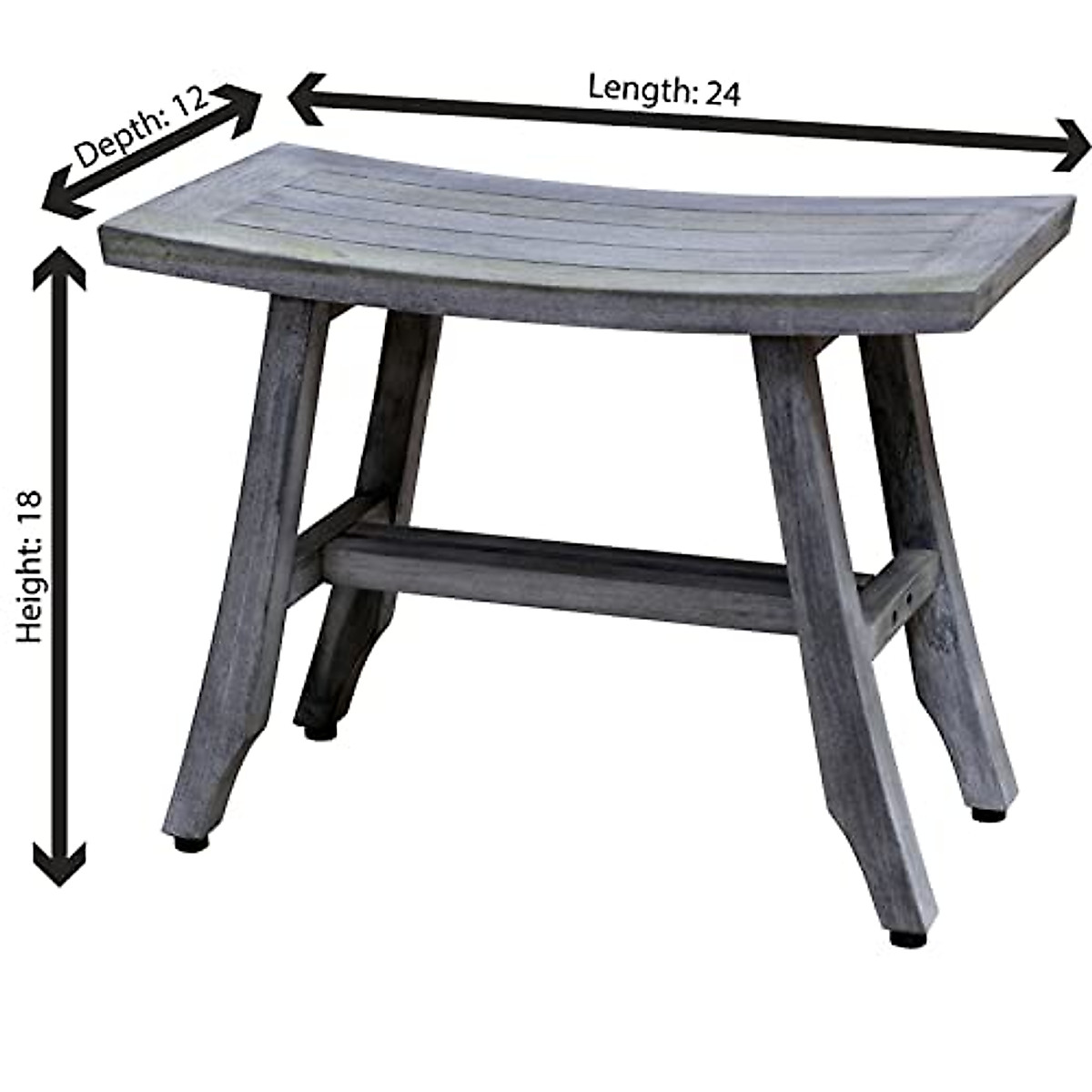 CoastalVogue Teak Wood Satori Shower Bench Teak Shower Stool with Curved Seat 24" Long Wooden Seat Shower Bench in Antique Gray Finish