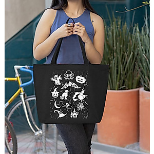 shop4ever Halloween Mash Witch Skull Pumpkin Cat Trick or Treat Heavy Canvas Tote with Zipper Reusable Shopping Bag Black ZIP 1