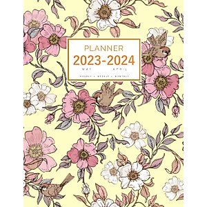 Planner 2023-2024: 8.5 x 11 Large Notebook Organizer with Hourly Time Slots | May 2023 to April 2024 | Peaceful Flower Bird Design Yellow