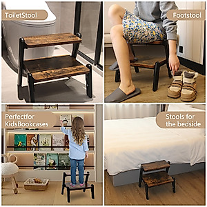 Azysow Wooden Step Stool for Adults Kids,Bedside Step Stools for High Beds,Kitchen Step Stool,Heavy Duty Sturdy 2 Step Stool,Widened Metal Frame, Holds up to 500 LB(Brown)