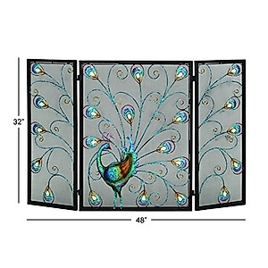 Deco 79 Metal Peacock Fireplace Screen Rainbow 3 Panel with Crystal Accents and Black Frame, 48" x 1" x 32", Blue