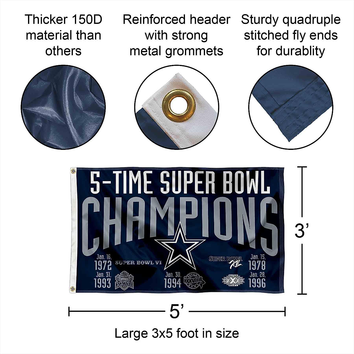 WinCraft Dallas Cowboys 5X and 5 Time Super Bowl Champions Flag Outdoor Indoor 3x5 Foot Banner