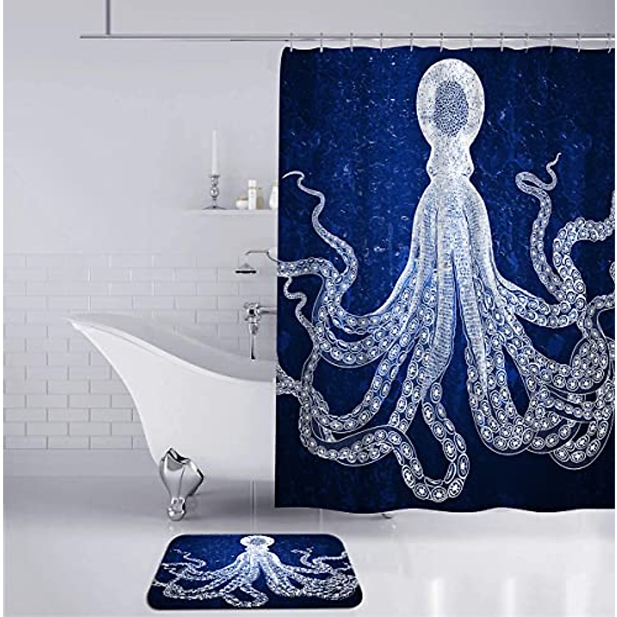 DuoBaorom 4 Pieces Set Octopus Shower Curtain Set Blue and White Sea Animal Picture Print on Non-Slip Rugs Toilet Lid Cover Bath Mat and Bathroom Curtain with 12 Hooks 72x72inch