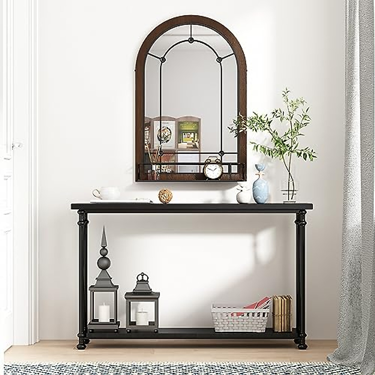 AZODY Arched Window Wall Mirror with Shelf, 36''x24'' Brown Hanging Entryway Mirror, Decorative Mirrors for Wall Decor, Living Room, Bathroom Vanity