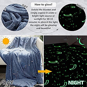 Glow in The Dark Throw Blanket, Moon and Stars Soft Warm Cozy Fuzzy Plush Blanket for Kids Teenage Boys Girls Women Best Friend Birthday Christmas (50 x 60 inches Blue)