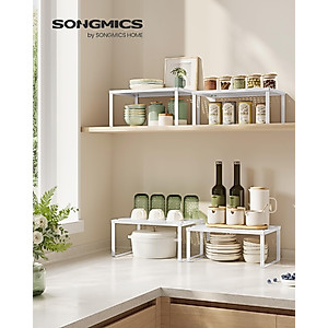 SONGMICS Spice Rack, Cabinet Shelf Organizers, Shelf Organizer, Countertop Organizer, Shelf Riser, Stackable, Expandable, Set of 4 Metal Kitchen Counter Shelves, White UKCS006W01