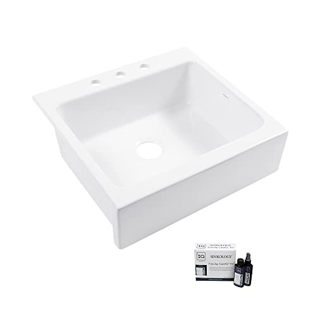 Sinkology SK452-26FC-3-AMZ Anna QuickFit Drop-in Farmhouse 25.85 in. 3-Hole Single Bowl Crisp White with Care IQ Kit Fireclay Kitchen Sink