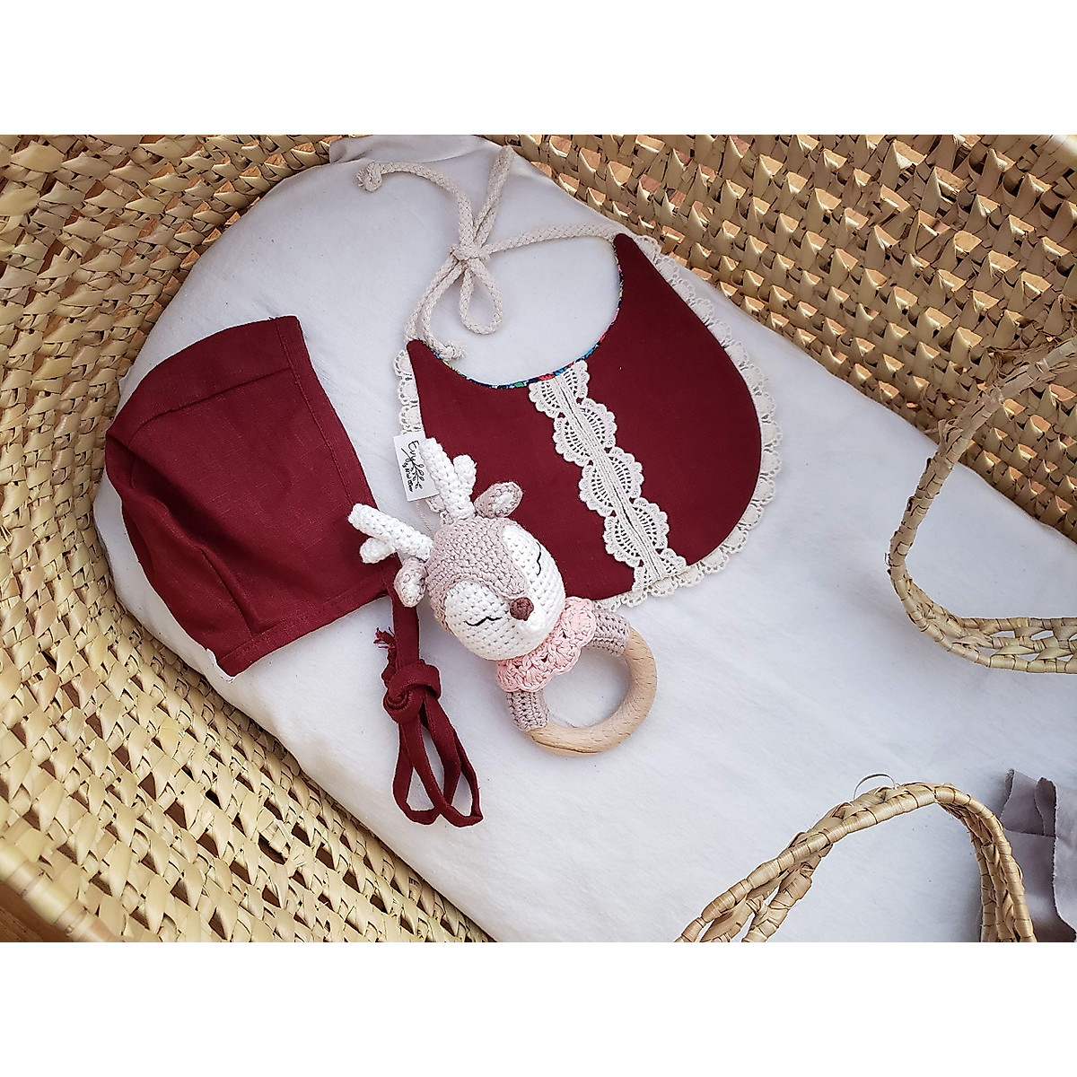 Natural Crochet Teether Toy Rattle for Baby Forest Friends Amigurumi Crochet Bunny Deer Fox on Natural Wooden Teething Ring Rattle (Honey Deer)