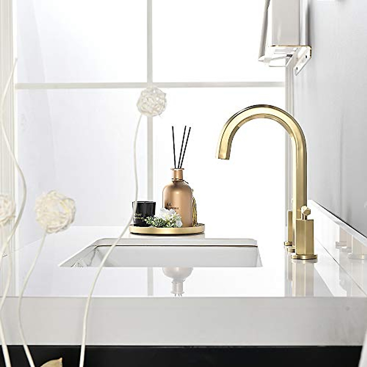 Phiestina Widespread Brushed Gold 8 Inch 2 Handles 3 Holes Hexagonal Widespread Bathroom Faucet, Bathroom Sink Faucet with Stainless Steel Metal Pop Up Drain,NS-WF001-6-BG