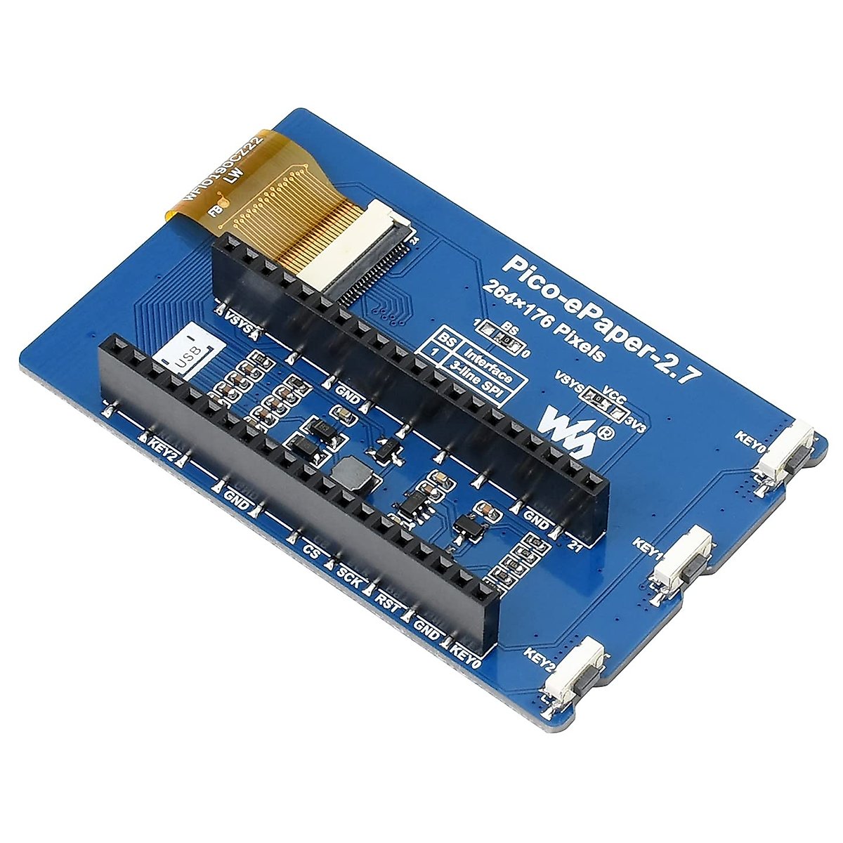 Waveshare 2.7inch E-Paper Display Module for Raspberry Pi Pico, 264×176 Resolution Black/White Two-Color E-Ink Screen, SPI Interface 4 Grayscale，with Three User Buttons for Easy Interacting