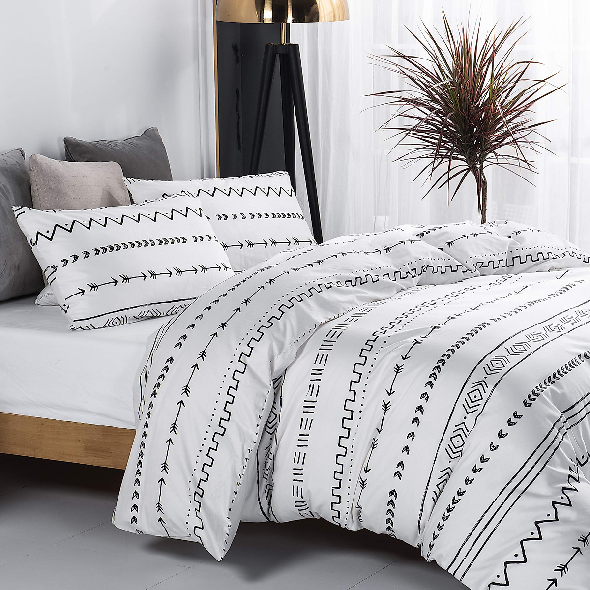 GEFEII 100% Cotton Duvet Cover Set Twin Bohemian White Stripe Comforter Cover Set 68"x90"with Zipper Closure 3 Pieces Soft Breathable Bedding Set Hotel Quality(White-Arrow, Twin)