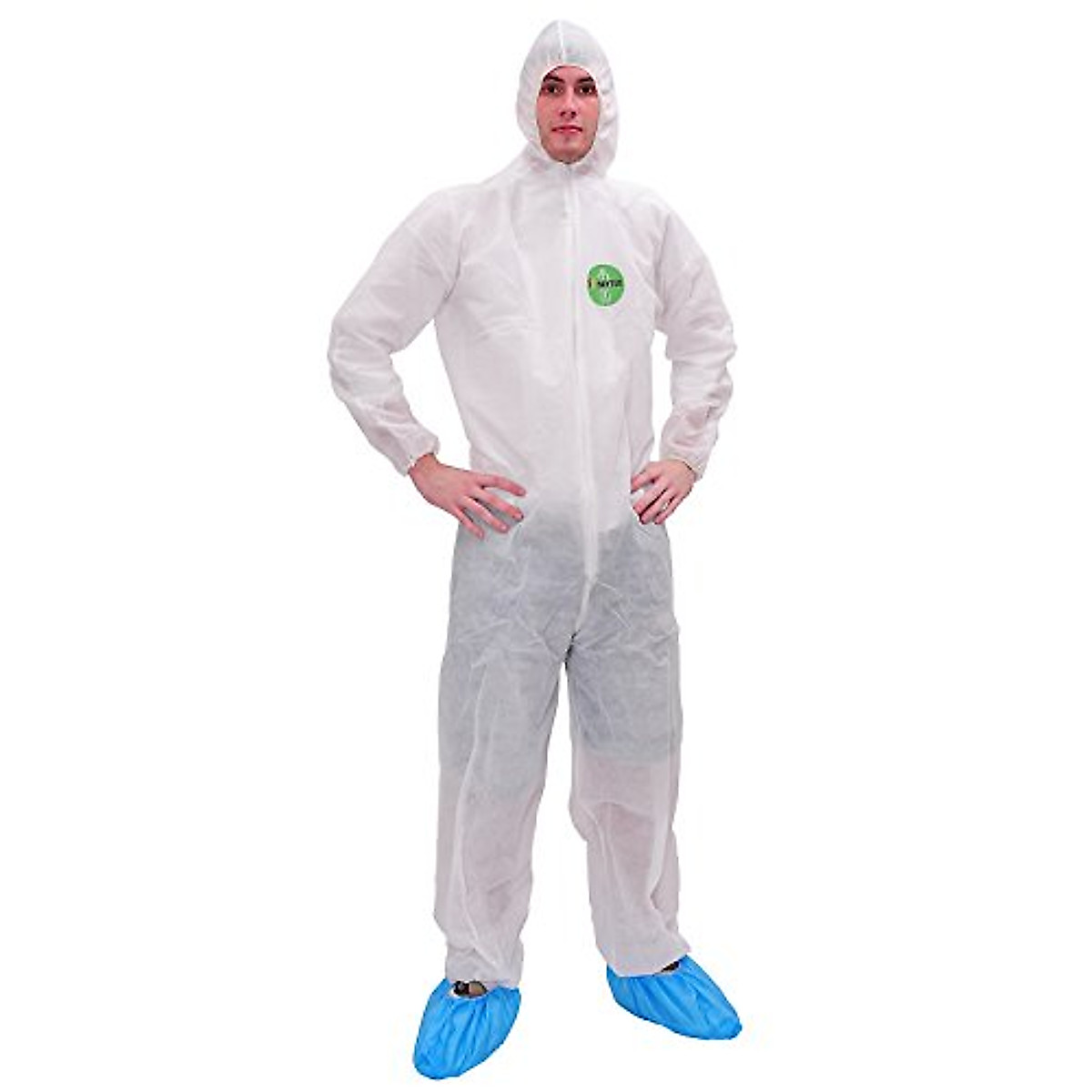 RAYGARD 30003 Disposable Dust Protective Polypropylene PP Coverall with Hood Suit Lightweight Elastic Cuffs, Ankles, Waist Zipper Front for Spray Painting Industrial(Large,White)