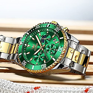 OLEVS Mens Watches Green Chronograph Luxury Dress Moon Phase Quartz Stainless Steel Waterproof Luminous Business Calendar Wrist Watch