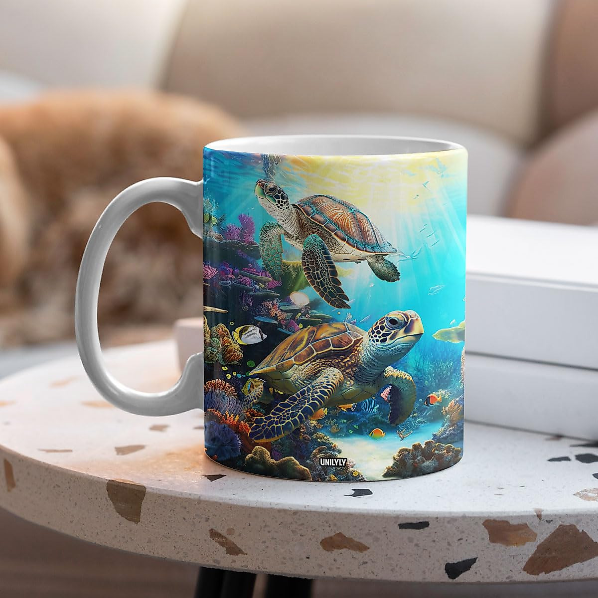 White Ceramic Coffee Mug Photo Mugs Personalized Picture Turtle Custom Name Birthday Gifts For Women Friends Teens Ocean Lovers Novelty Cup Table Desk Accessories 11 and 15 Oz