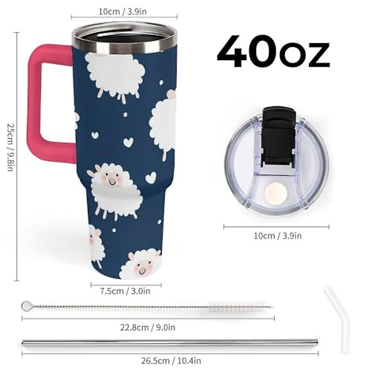 Cute Sheep Pattern 40oz Water Bottle Double Wall Insulated Tumbler with Handle Leakproof Travel Mug Light Rose Red-style