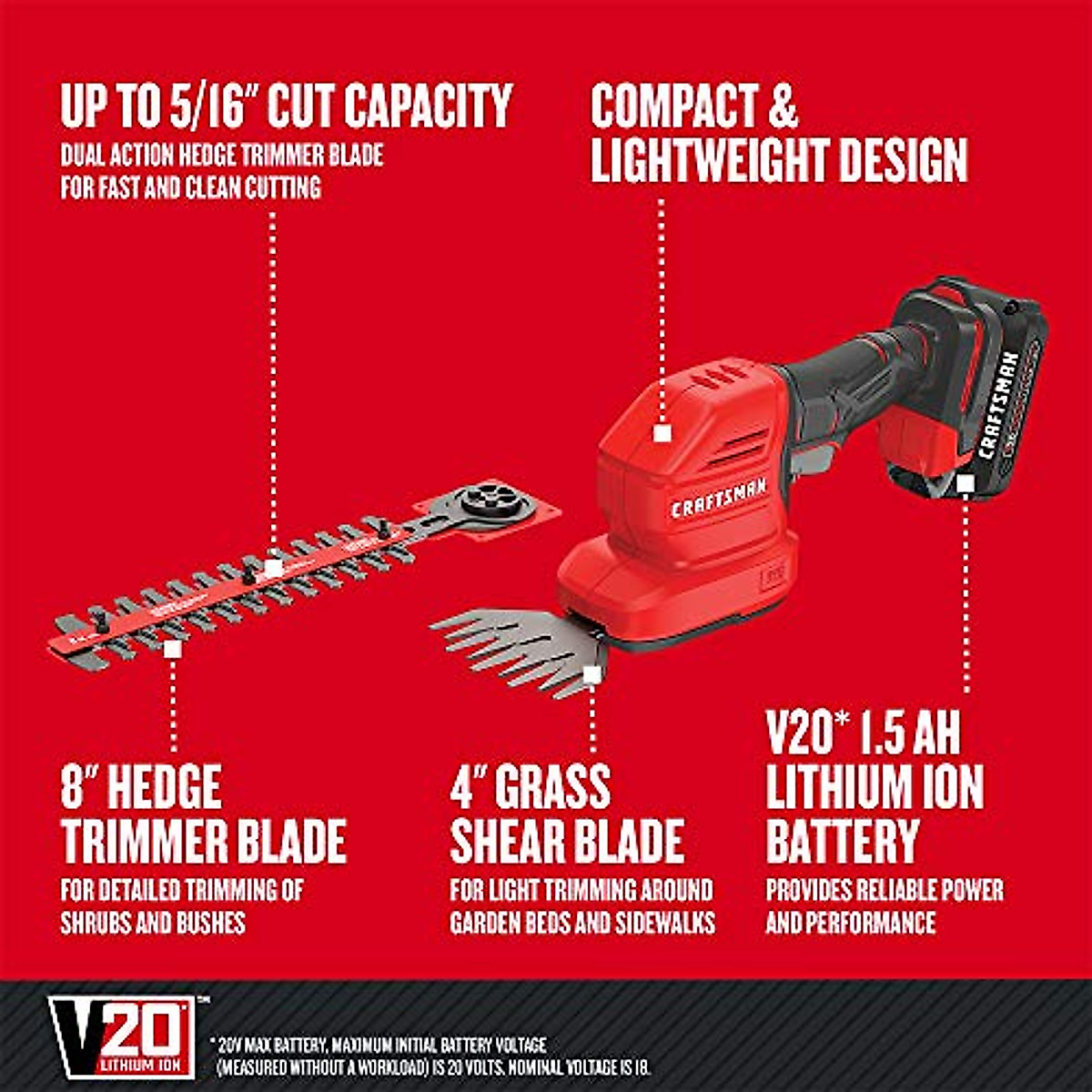 CRAFTSMAN V20 Cordless Handheld Grass Trimmer and Mini Hedge Trimmer Kit (CMCSS800C1)