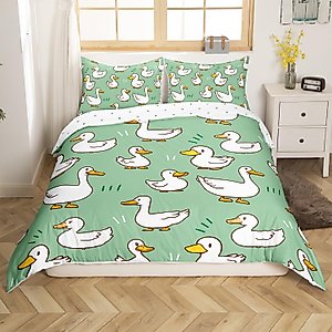 Erosebridal Kawaii White Goose Duvet Cover for Kids Boys Girls,Cartoon Bedding Set,Farm Animal Comforter Cover King Size,Country Duck Bed Sets with 2 Pillowcases Bedroom Decor
